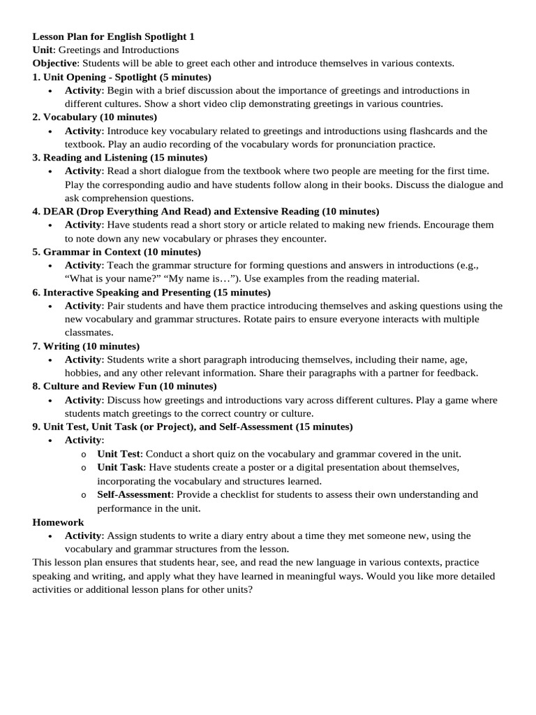 Lesson Plan For English Spotlight 1 | PDF | Vocabulary | Lesson Plan