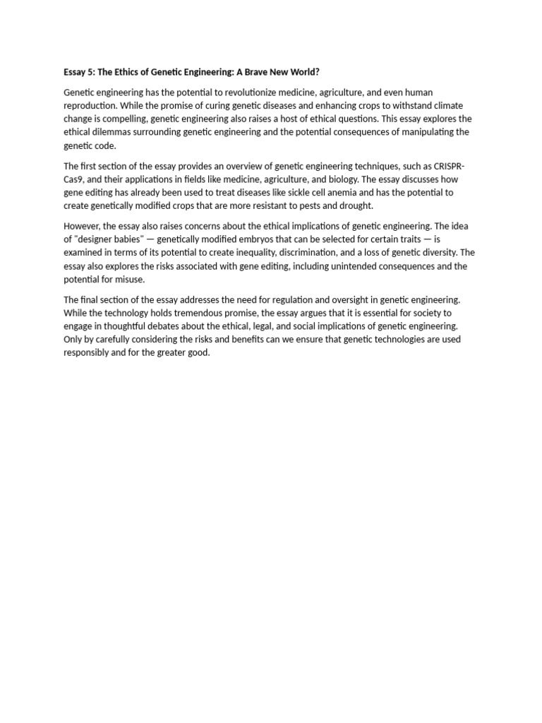 Essay 5: The Ethics of Genetic Engineering: A Brave New World? | PDF