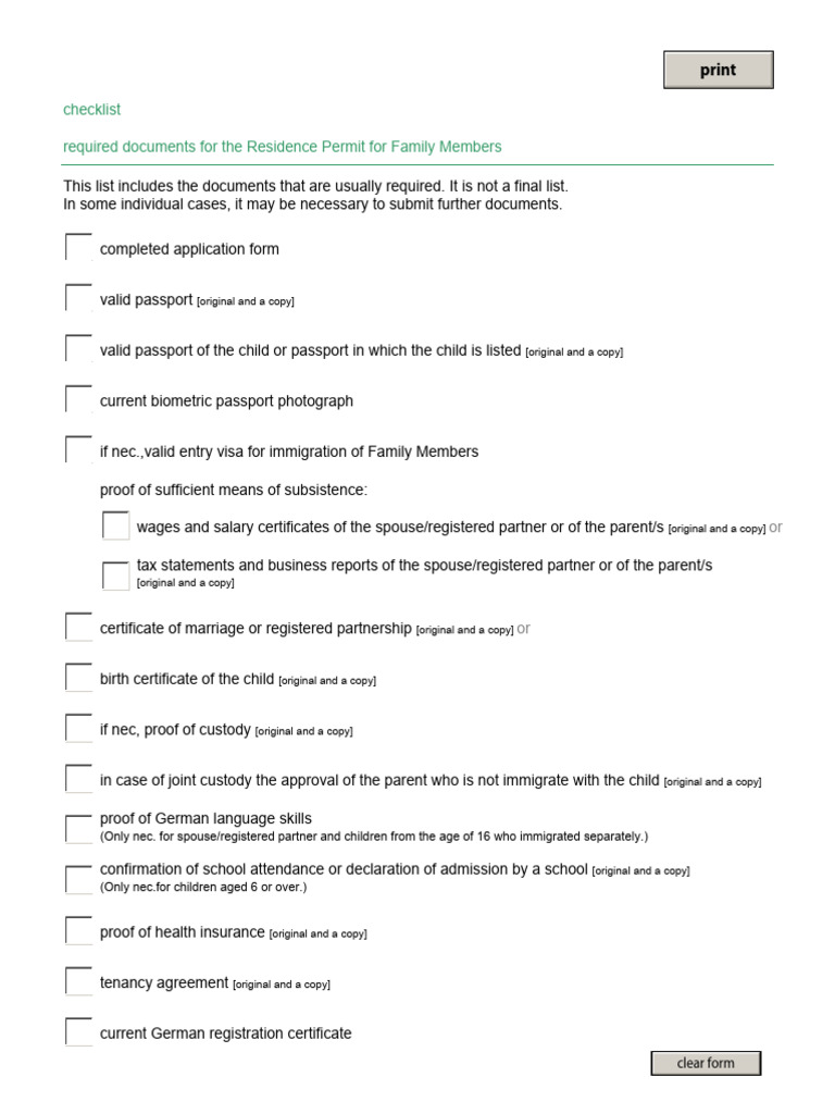 Family Residence Permit Document Checklist | PDF