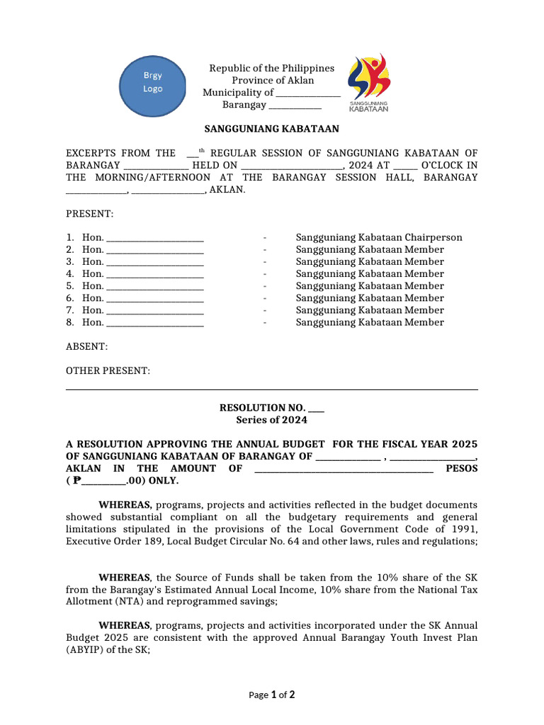 SK Reso Approving Annual Budget | PDF | Government Finances | Government