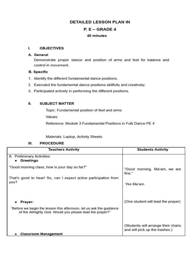 DETAILED LESSON PLAN in Fundamental Position Arms and Feet | PDF | Foot