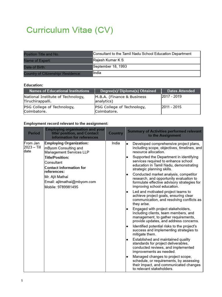 CV_Rajesh Kumar K S-1 | PDF | Analytics | Consultant