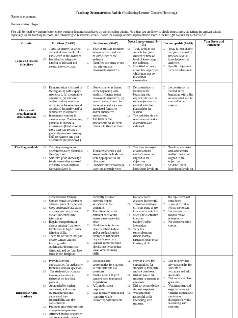 Teaching Demonstration Rubric | PDF | Educational Assessment | Learning