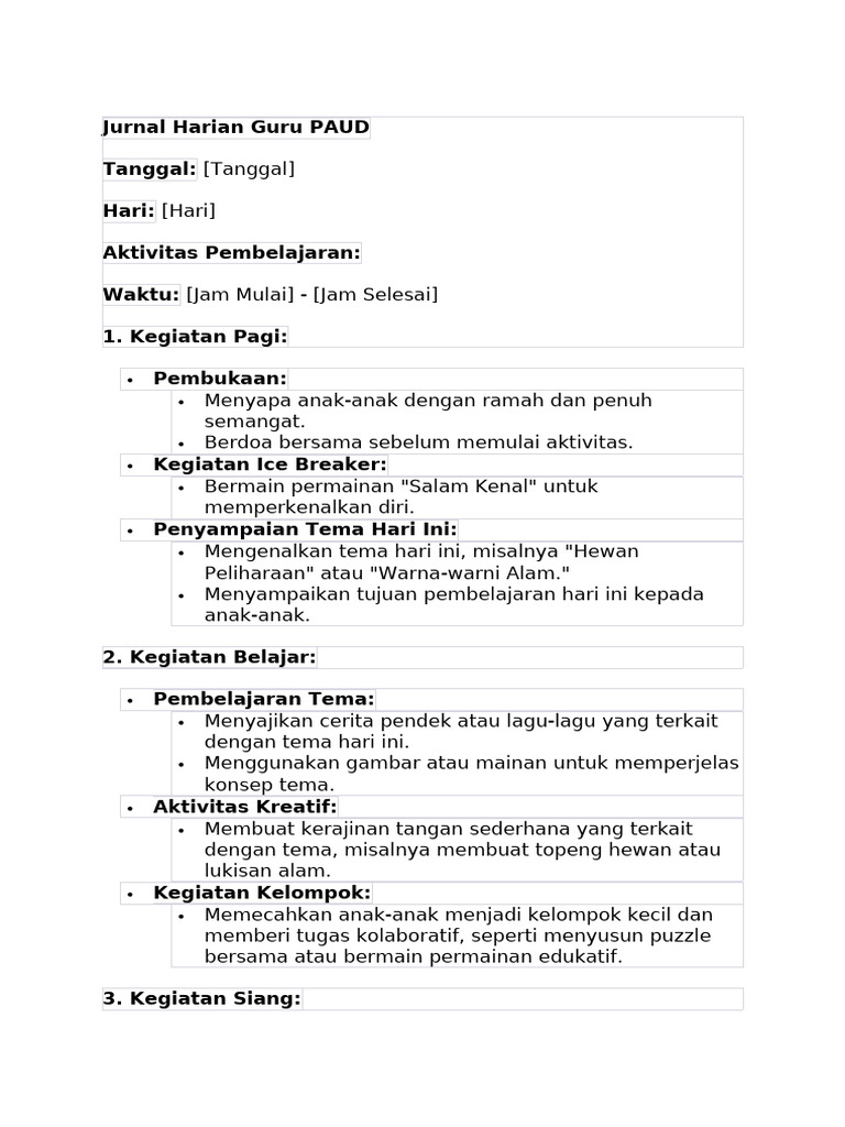 Contoh Jurnal Harian Guru PAUD | PDF