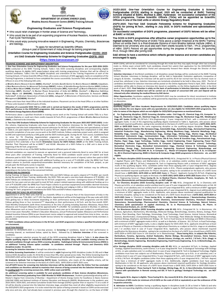 BARC OCES/DGFS 2025 Recruitment Details | PDF | Engineering | Physical ...