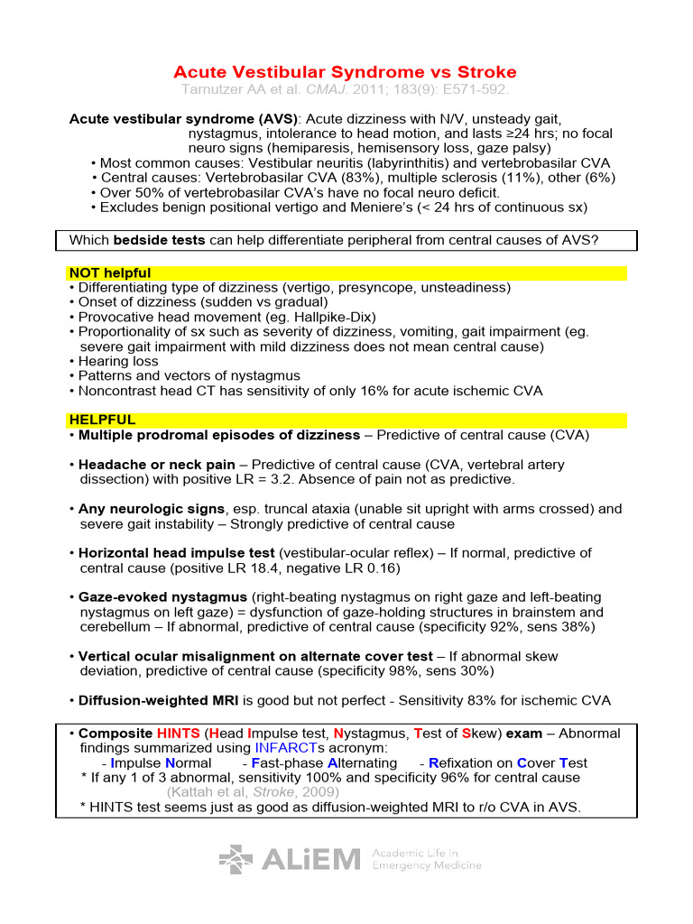 Acute Vestibular Syndrome HINTS Exam | PDF | Vertigo | Diseases And ...