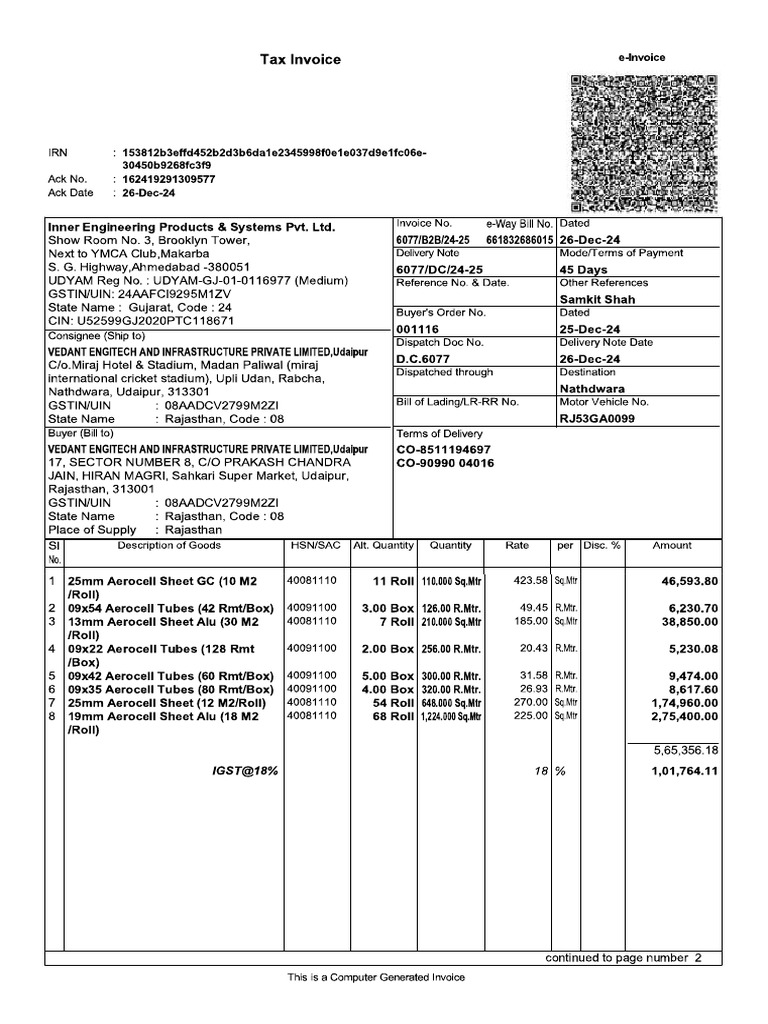 6077-INVOICE - VEDANT ENGITECH AND INFRASTRUCTURE PRIVATE LIMITED, Udaipur-1 | PDF