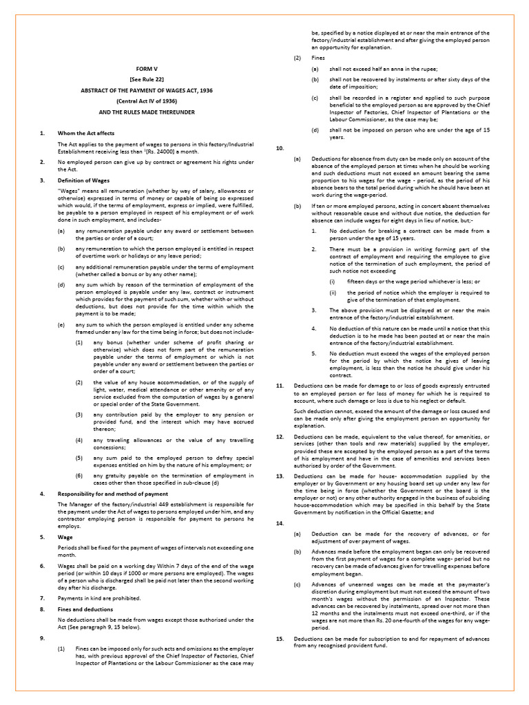 FORM V Abstract Under The Payment of Wages Act, 1936 (English Version ...