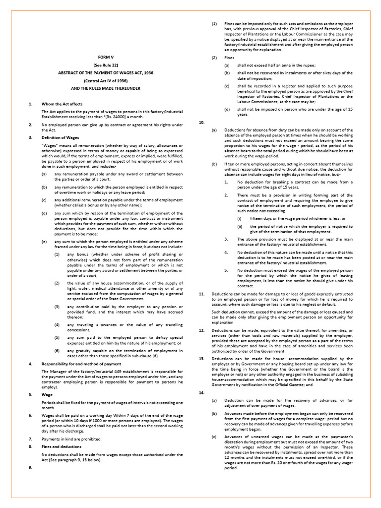 Payment of Wages Act Summary | PDF | Employment | Life Insurance