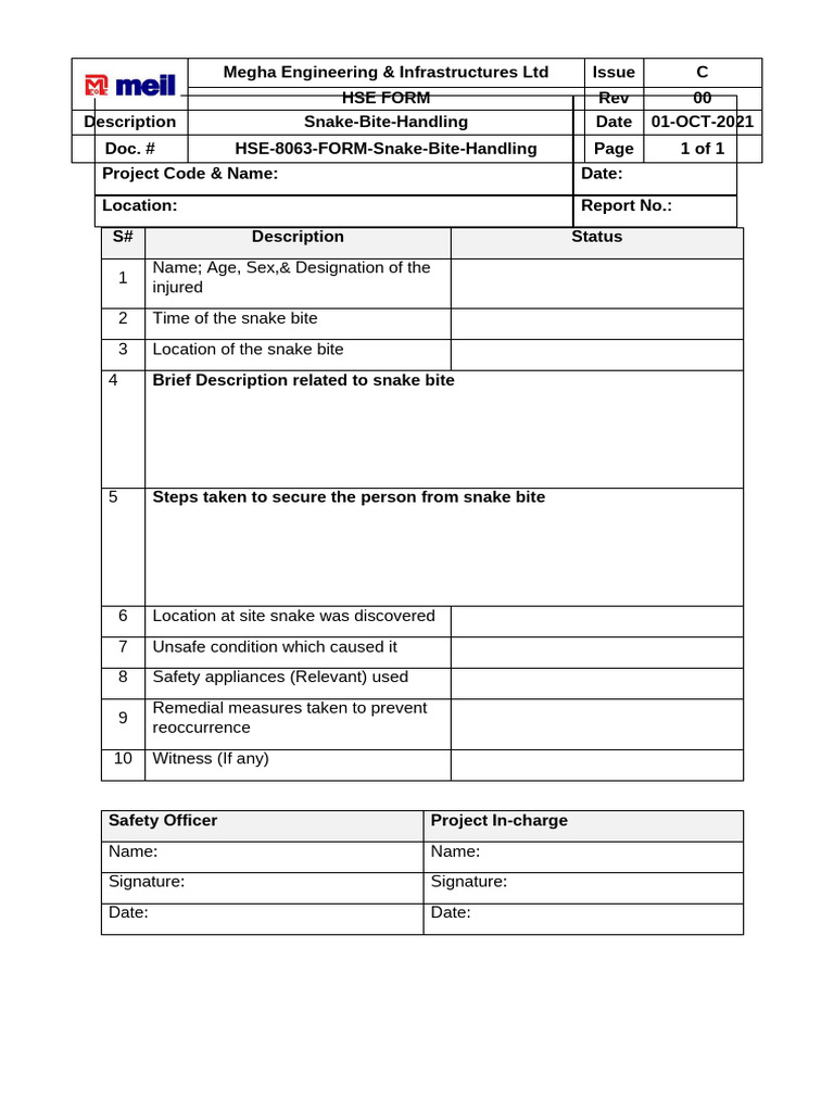 HSE 8063 FORM Snake Bite Handling | PDF