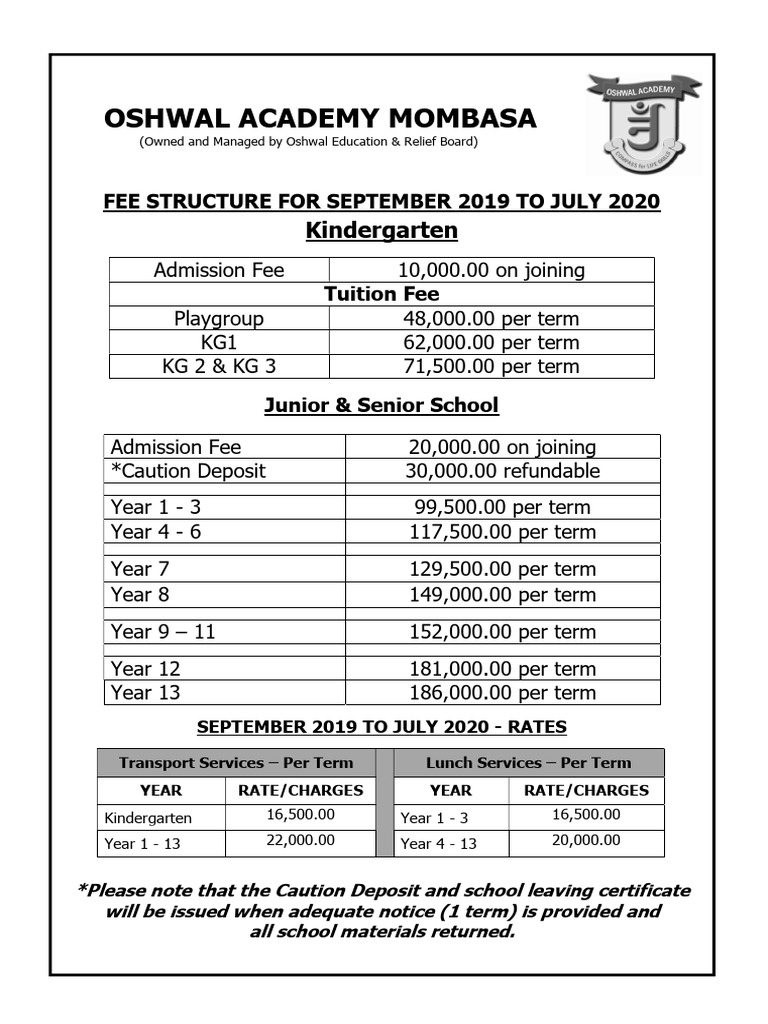 Oshwal Academy Mombasa Fee Structure 2019-2020 | PDF