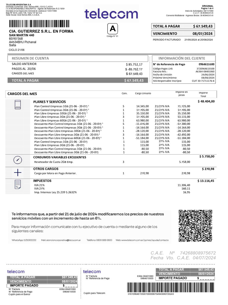 Factura Telecom Argentina Julio 2024 | PDF | Factura | Documentos ...