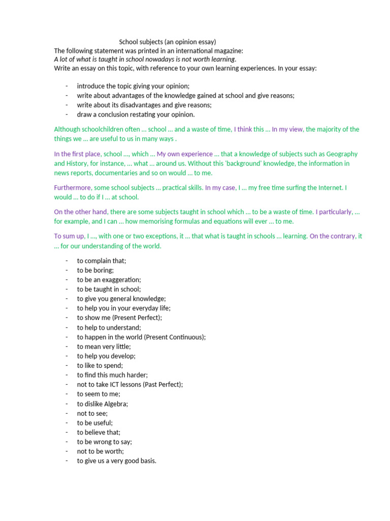 School Subjects (An Opinion Essay) | PDF