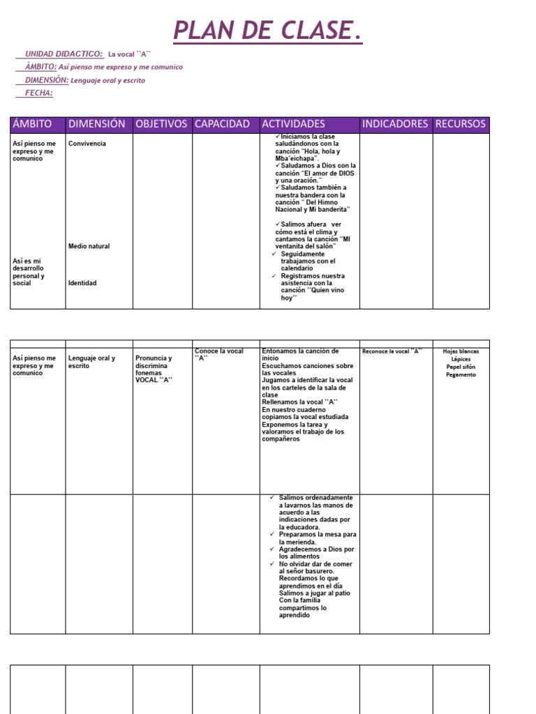 Plan de Clase: Vocal "A" en Lenguaje | PDF