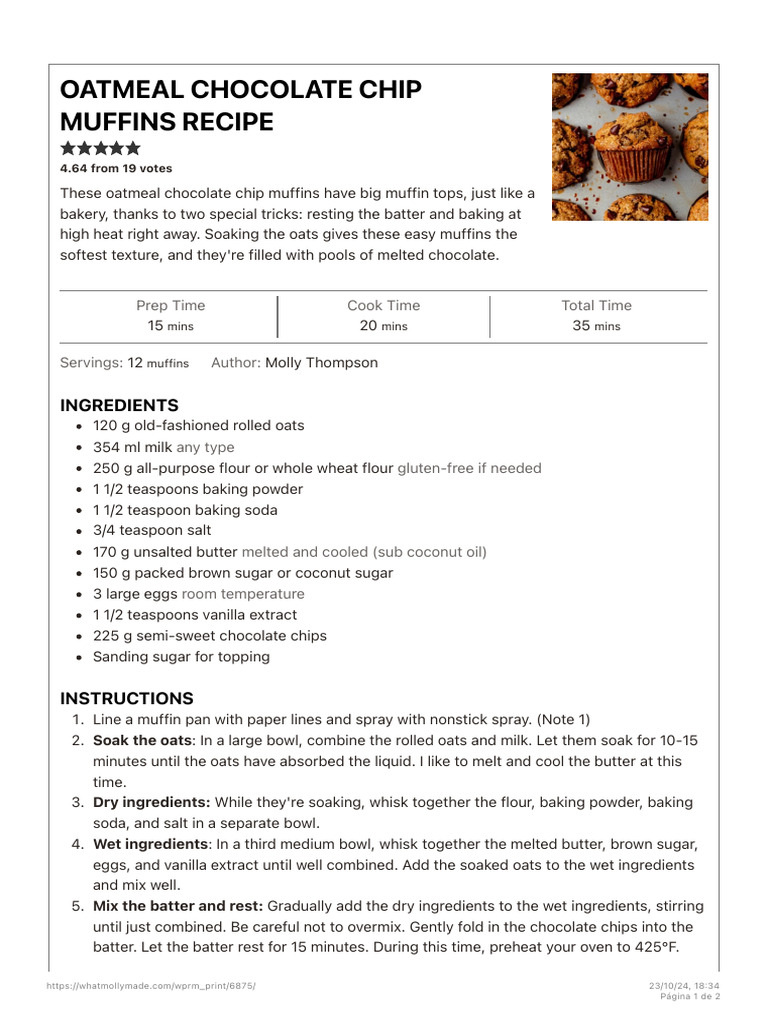 Oatmeal Chocolate Chip Muffins Recipe - What Molly Made | PDF | Muffin ...