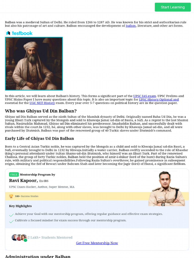 Ghiyas Ud Din Balban - Early Life, Administration, Legacy & More | PDF