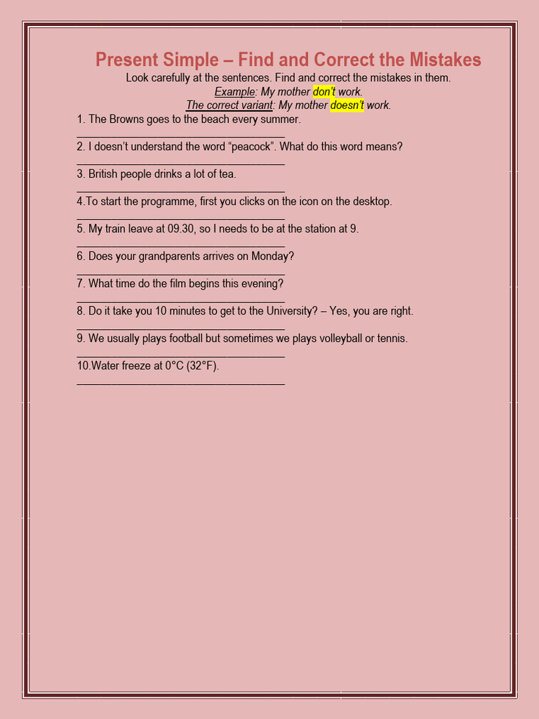 Present Simple Error Correction Exercise | PDF