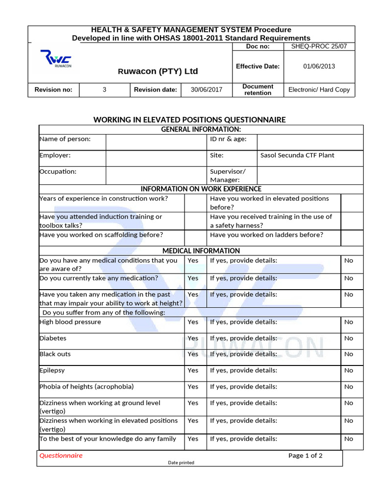 Working in Elevated Positions Questionnaire | PDF | Occupational Safety ...