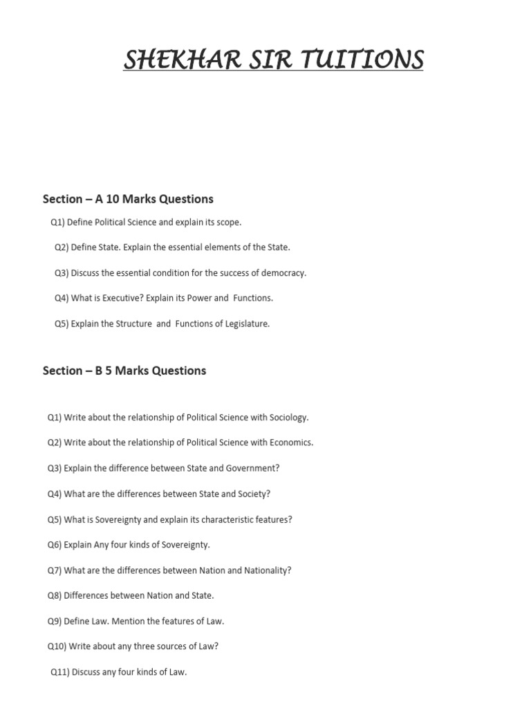 1st Year Civics Important Questions | PDF | Political Charters | Legal ...