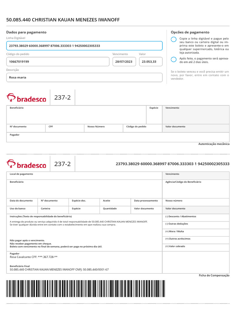 Boleto de Pagamento - Christian Kauan Iwanoff | PDF