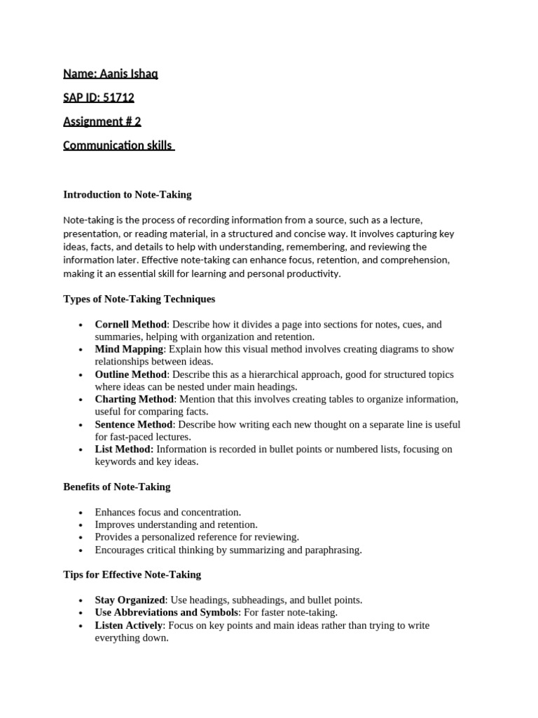 Aanis Ishaq Assignment of Note Taking | PDF
