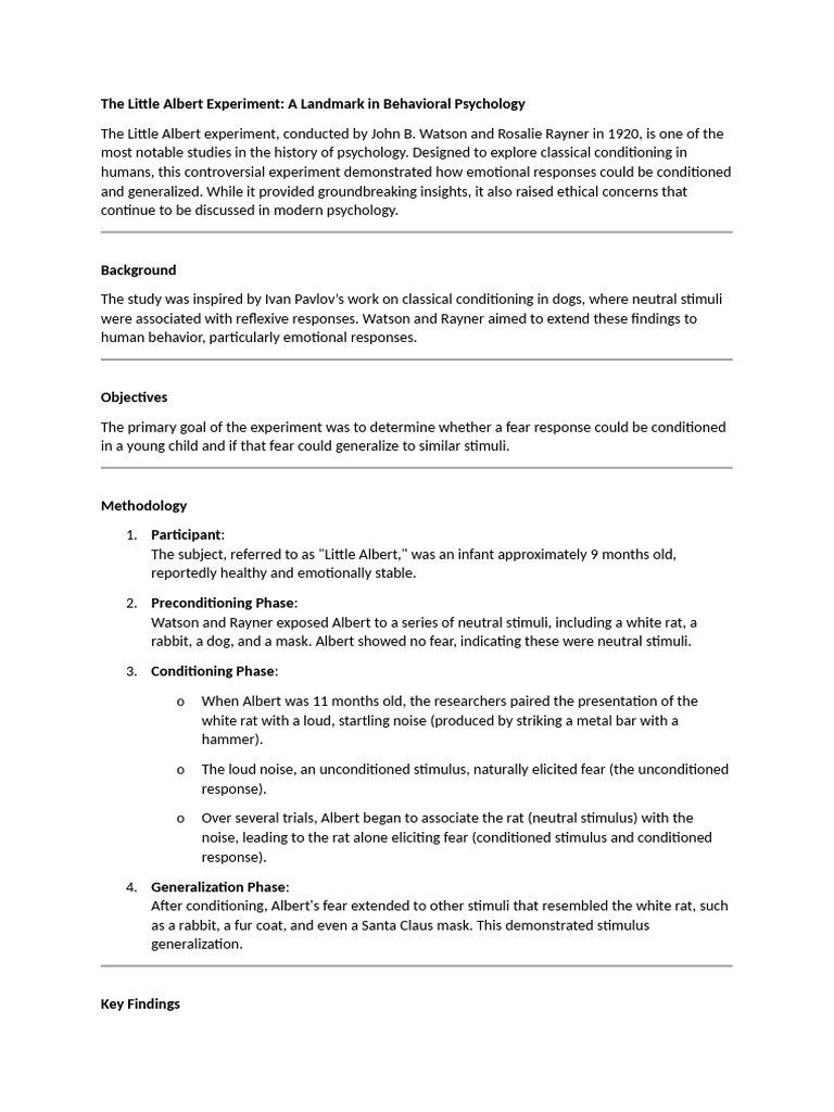 The Little Albert Experiment | PDF | Classical Conditioning ...