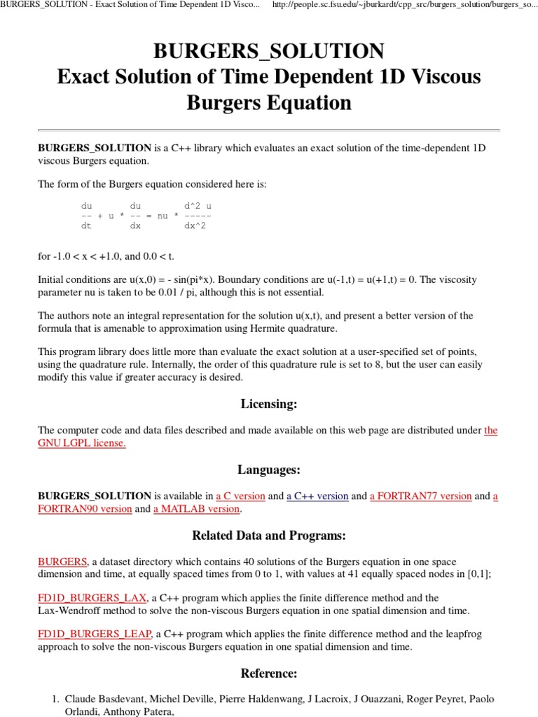 BURGERS_SOLUTION - Exact Solution of Time Dependent 1D Viscous Burgers Equation | Navier–Stokes ...