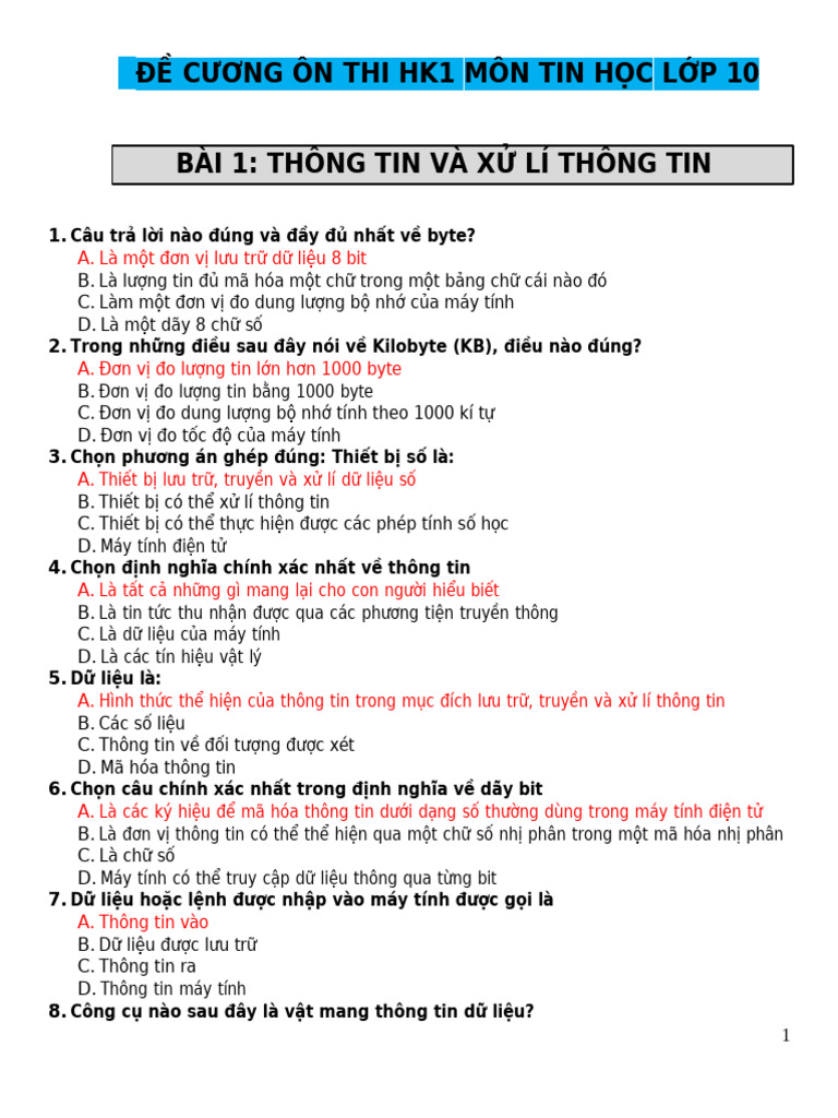 Decuong Onthi Hk1 Tin10 | PDF