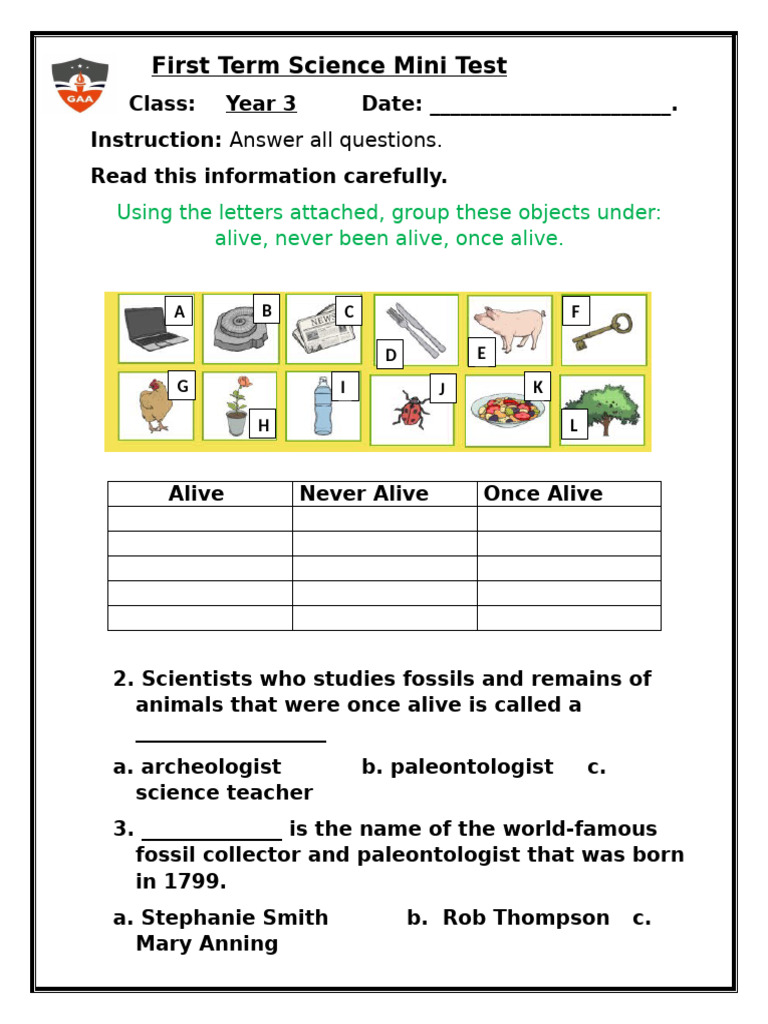 First Term Science Mini Test | PDF