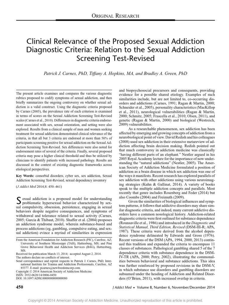 Clinical Relevance of The Proposed Sexual Addiction Diagnostic Criteria ...