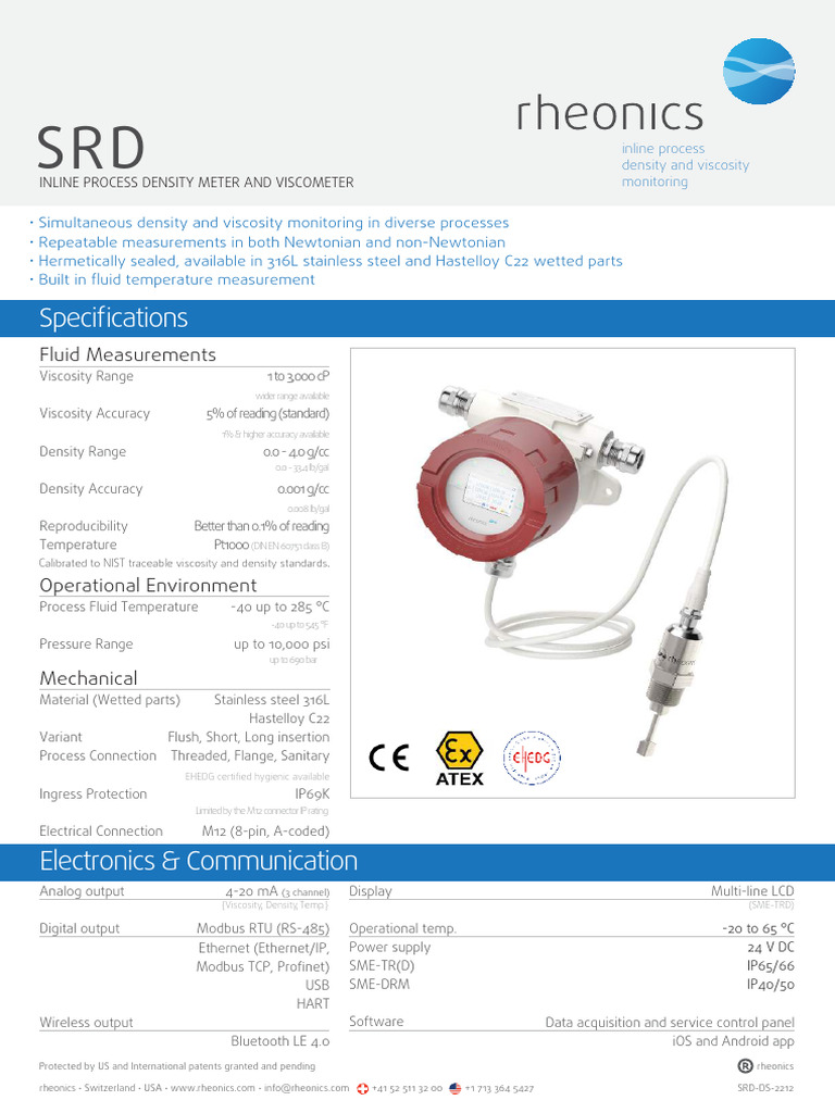 Rheonics Datasheet SRD Process Viscosity Density Meter A4S | PDF ...
