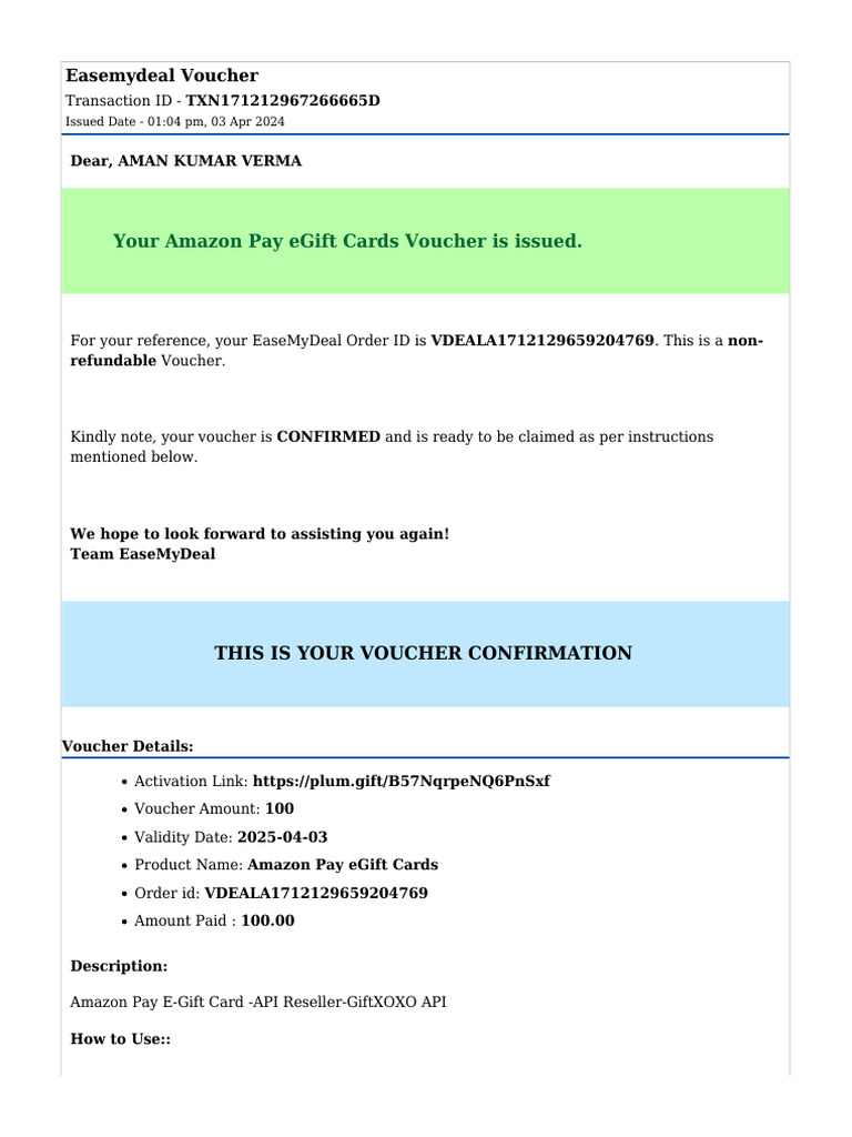 Amazon Pay eGift Card Voucher Confirmation | PDF | Gift Card | Credit Card