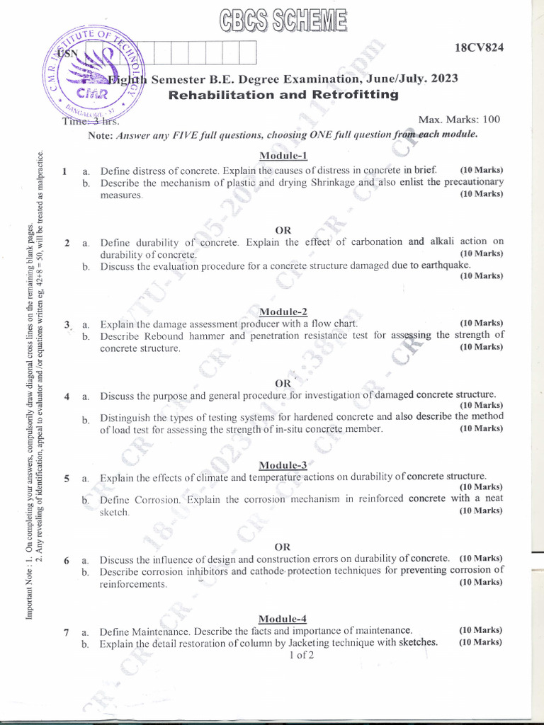 VTU Question Paper of 18CV824 Rehabilitation and Retrofitting June-July ...