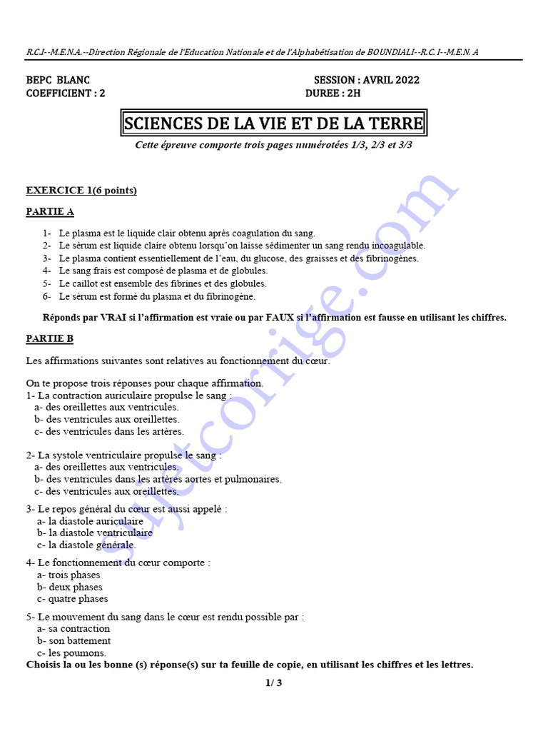 Sujet Bepc Blanc 2022 SVT Regional de Boundiali Cote D'ivoire | PDF