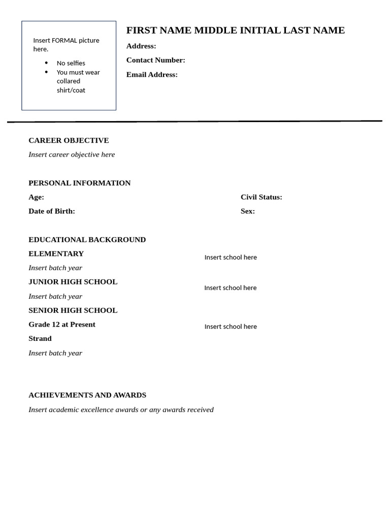 First Name Middle Initial Last Name: Address: Contact Number: Email ...