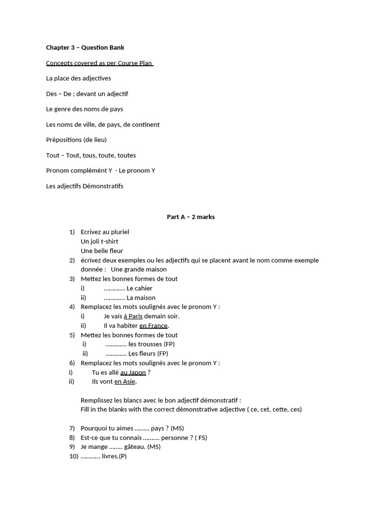 Questions sur les adjectifs et prépositions | PDF | Pronom | Linguistique