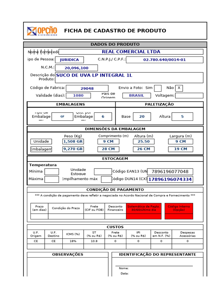 Ficha Cadastral Produto | PDF | Embalagem e rotulagem | Metrologia