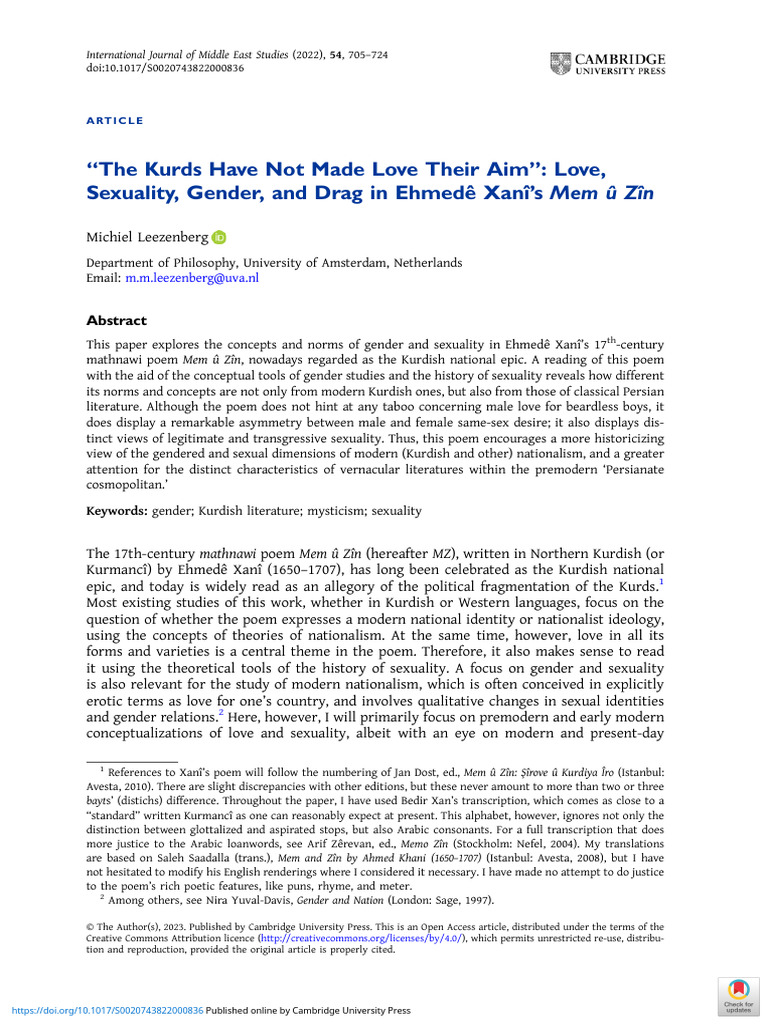 Kurds Have Not Made Love Their Aim Love Sexuality Gender and Drag in Ehmede Xanis Mem u Zin | PDF