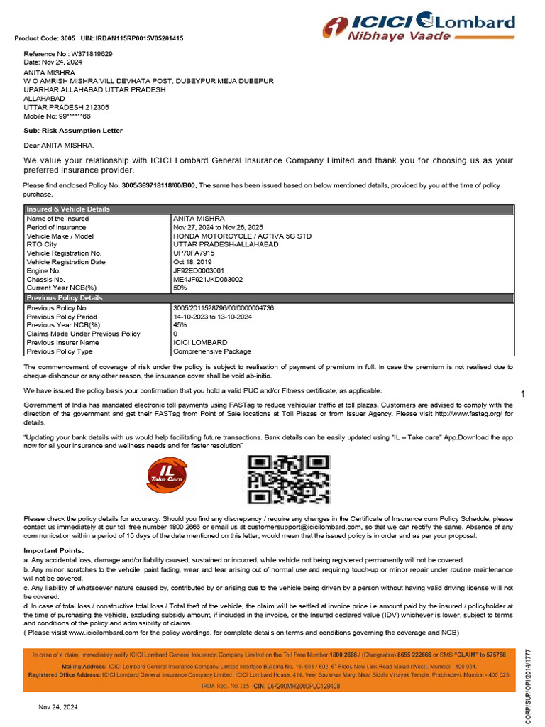 ICICI Lombard Two-Wheeler Policy Details | PDF | Insurance | Pro Rata