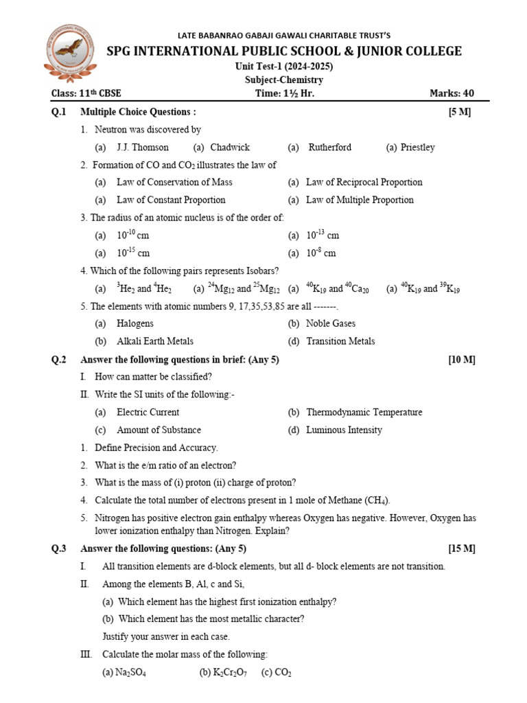 Chemistry - 11th CBSE (Unit Test-1) - SPG | PDF | Chemical Elements ...