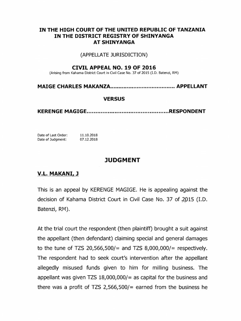 Maige Charles Makanza vs Kerenge Magige (Civil Appeal 19 of 2016) 2018 ...