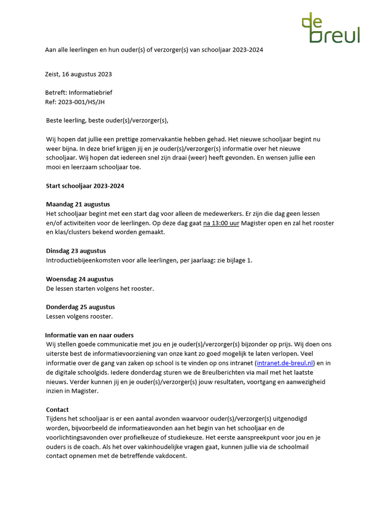 Start Schooljaar 2023-2024 Maandag 21 Augustus: Intranet - De-Breul ...