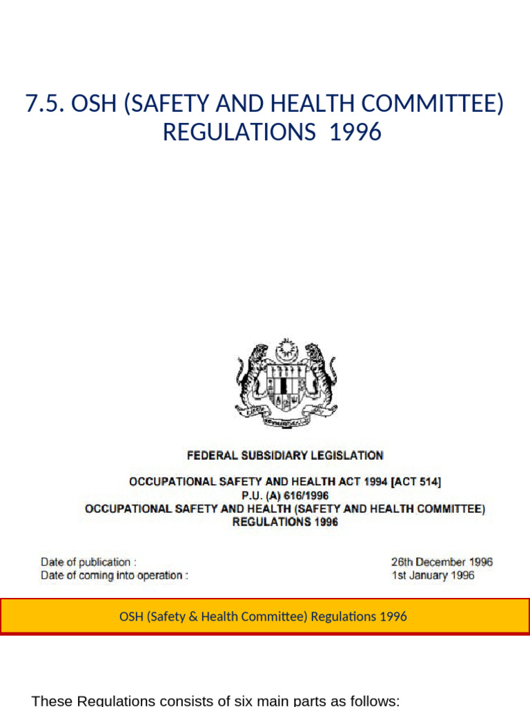 7.5. OSH (Safety and Health Committee) Regulations 1996 | PDF | Occupational Safety And Health ...