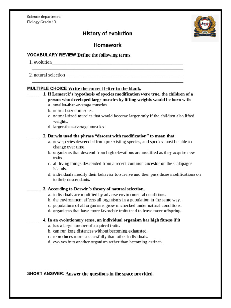 Evolution Concepts for Grade 10 Biology | PDF | Evolution | Natural ...