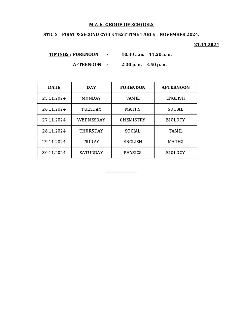 November 2024 Std. X Test Schedule | PDF