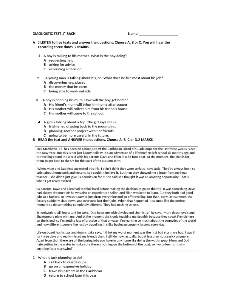 Diagnostic Test 1 Bach Name82 133 | PDF