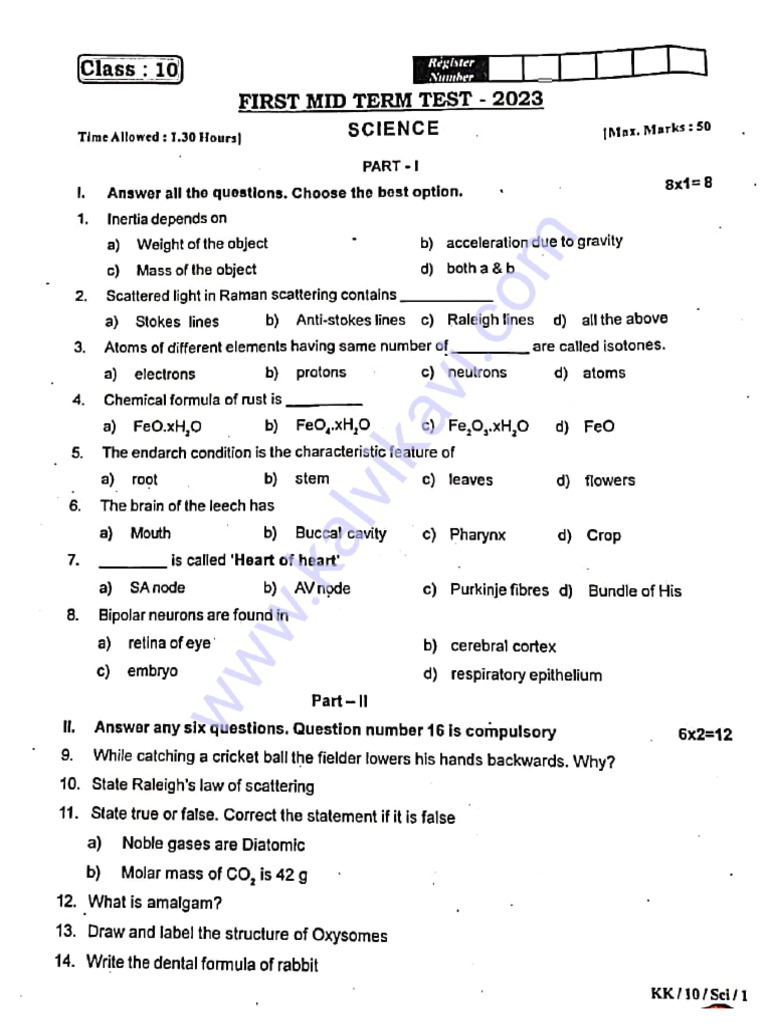 10Th Science EM Kallakurichi 1st Mid Term Question Paper 2023 | PDF