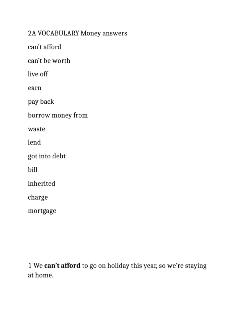 2A VOCABULARY Money Answers | PDF