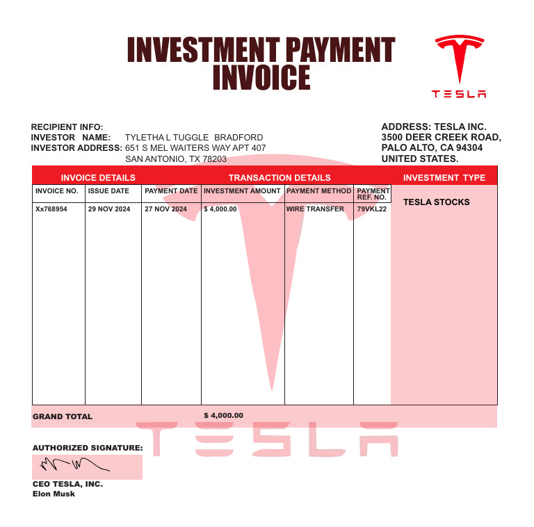 Tesla Investment Payment Invoice | PDF