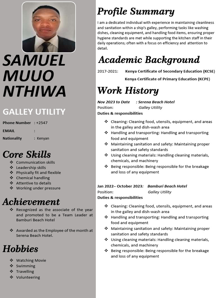 Galley Utility CV of Samuel Muuo Nthiwa | PDF | Housekeeping | Hygiene